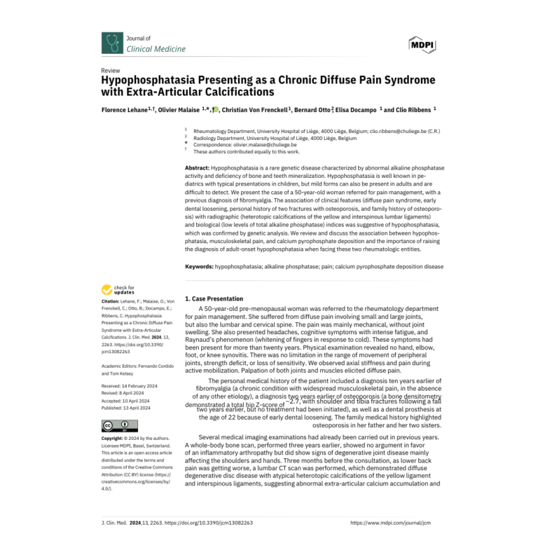 Hypophosphatasia Presenting as a Chronic Diffuse Pain Syndrome with ...